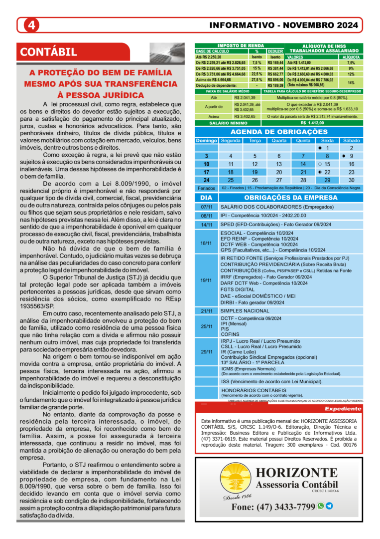 Informativo Contábil Mensal – Novembro/2024 – Horizonte Assessoria Contábil